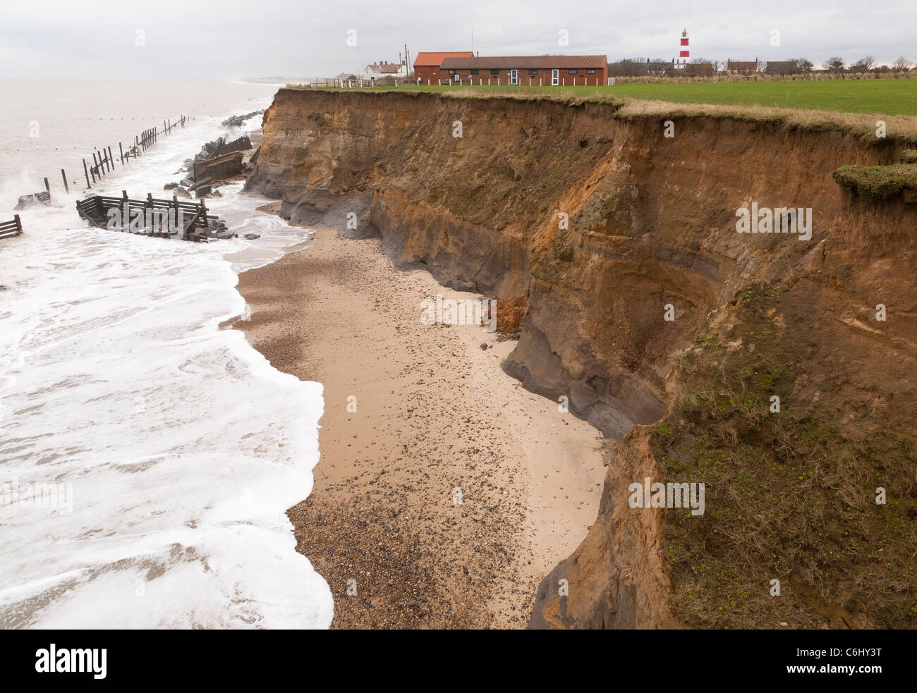 Coastline cliffs of Happisburgh, Norfolk, UK, showing erosion, on a ...