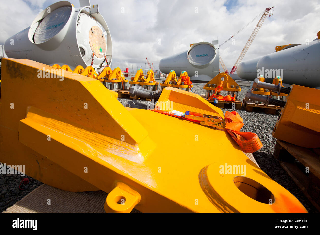 Offshore wind turbine parts on the docks at Mostyn Stock Photo - Alamy