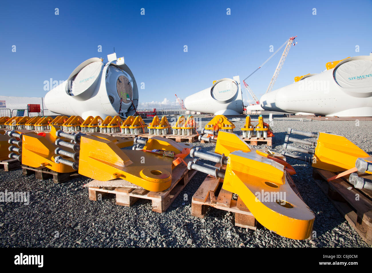 Offshore wind turbine parts on the docks at Mostyn Stock Photo - Alamy