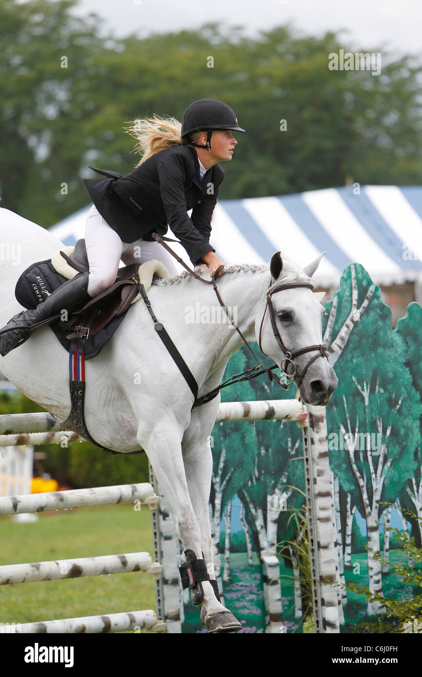 A horse and rider jumping a fence during the Grand Prix event at the ...