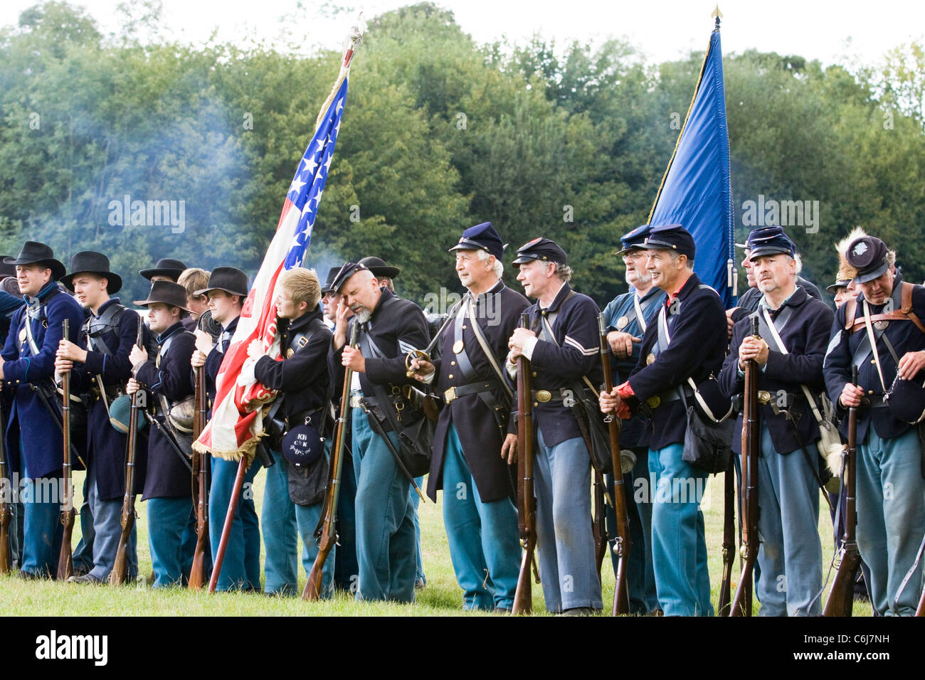 Union Soldiers on the battlefield of a American Civil war reenactment ...