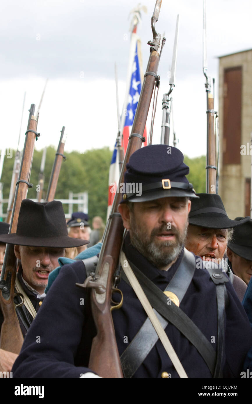 Union Soldiers on the battlefield of a American Civil war reenactment ...