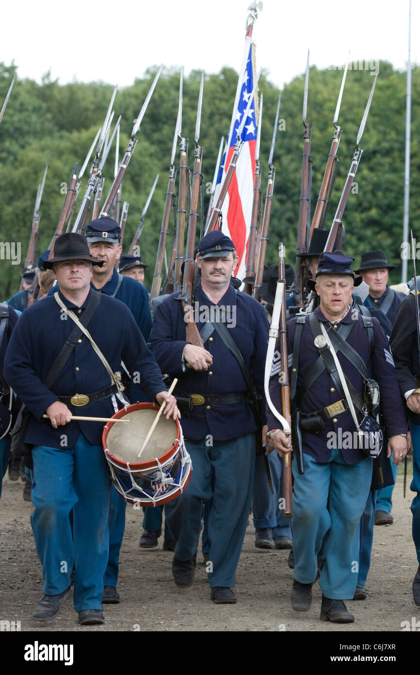 Union Soldiers on the battlefield of a American Civil war reenactment ...