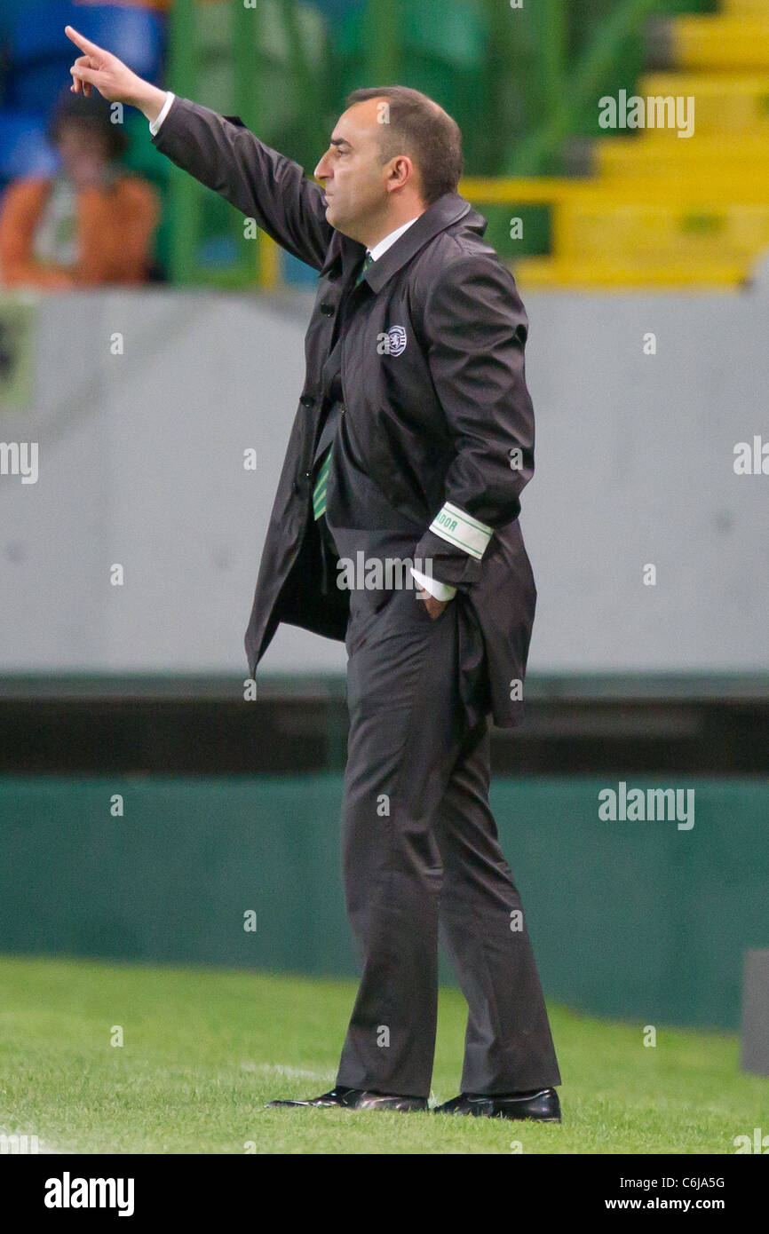 Carlos Carvalhal, Sporting's coach gestures into the field during the ...