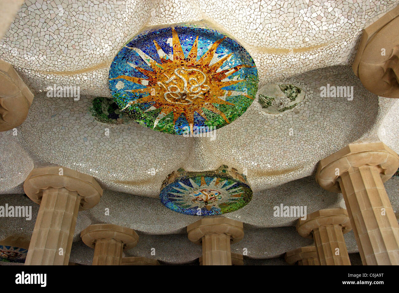 Ceiling of room of a hundred columns, Park Guell, Barcelona, Catalonia ...
