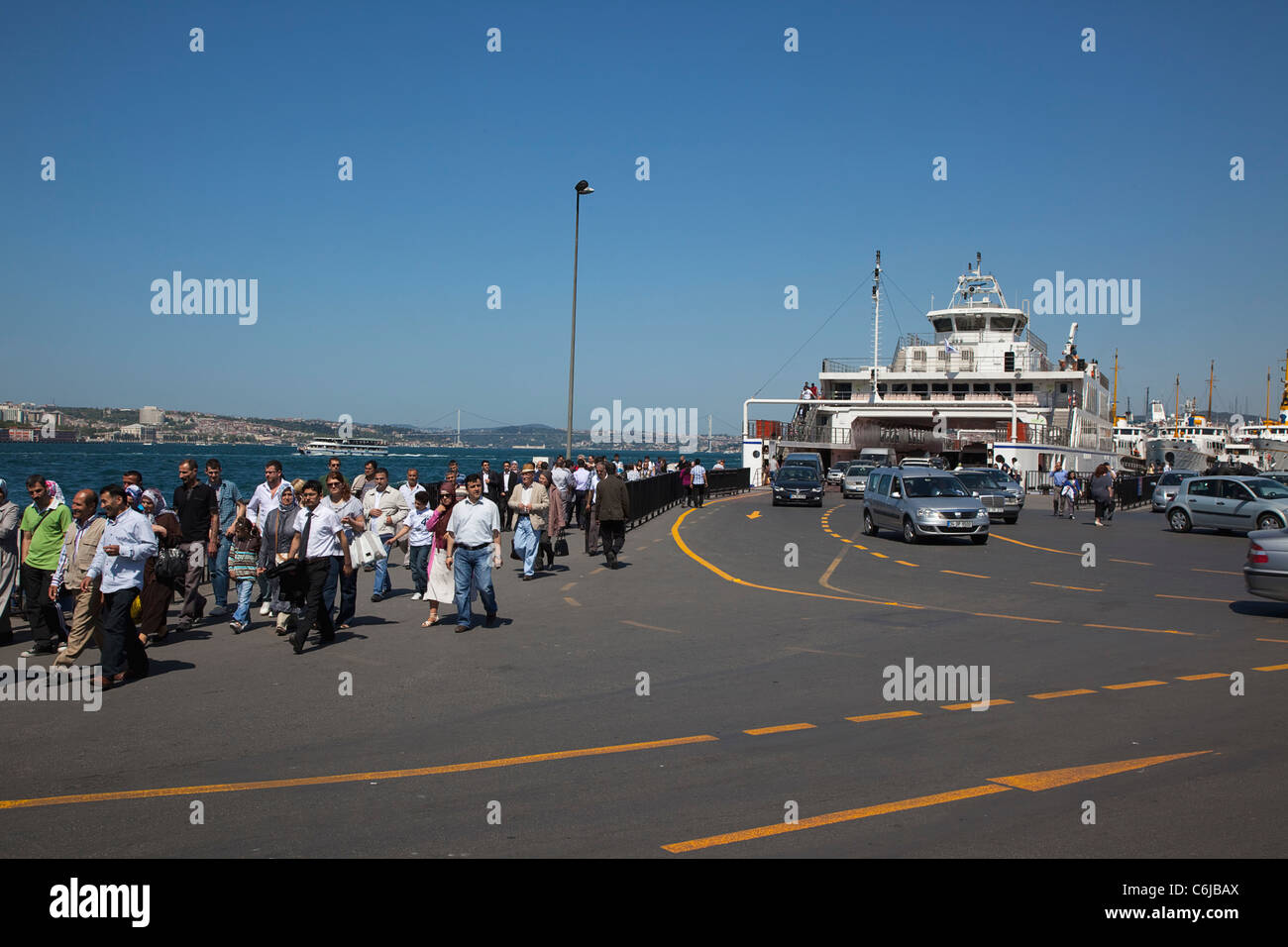 Turkey, Istanbul, Sirkeci ferry terminal with cars and passengers ...