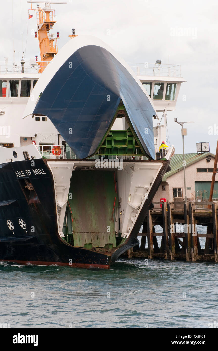 The Caledonian Macbrayne ferry prepares to unload vehicles at the port ...