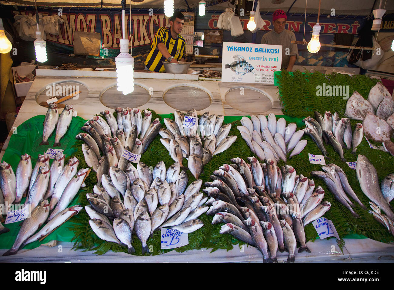 Turkey, Istanbul, Karakoy, Galata fish market, display of fresh catch ...
