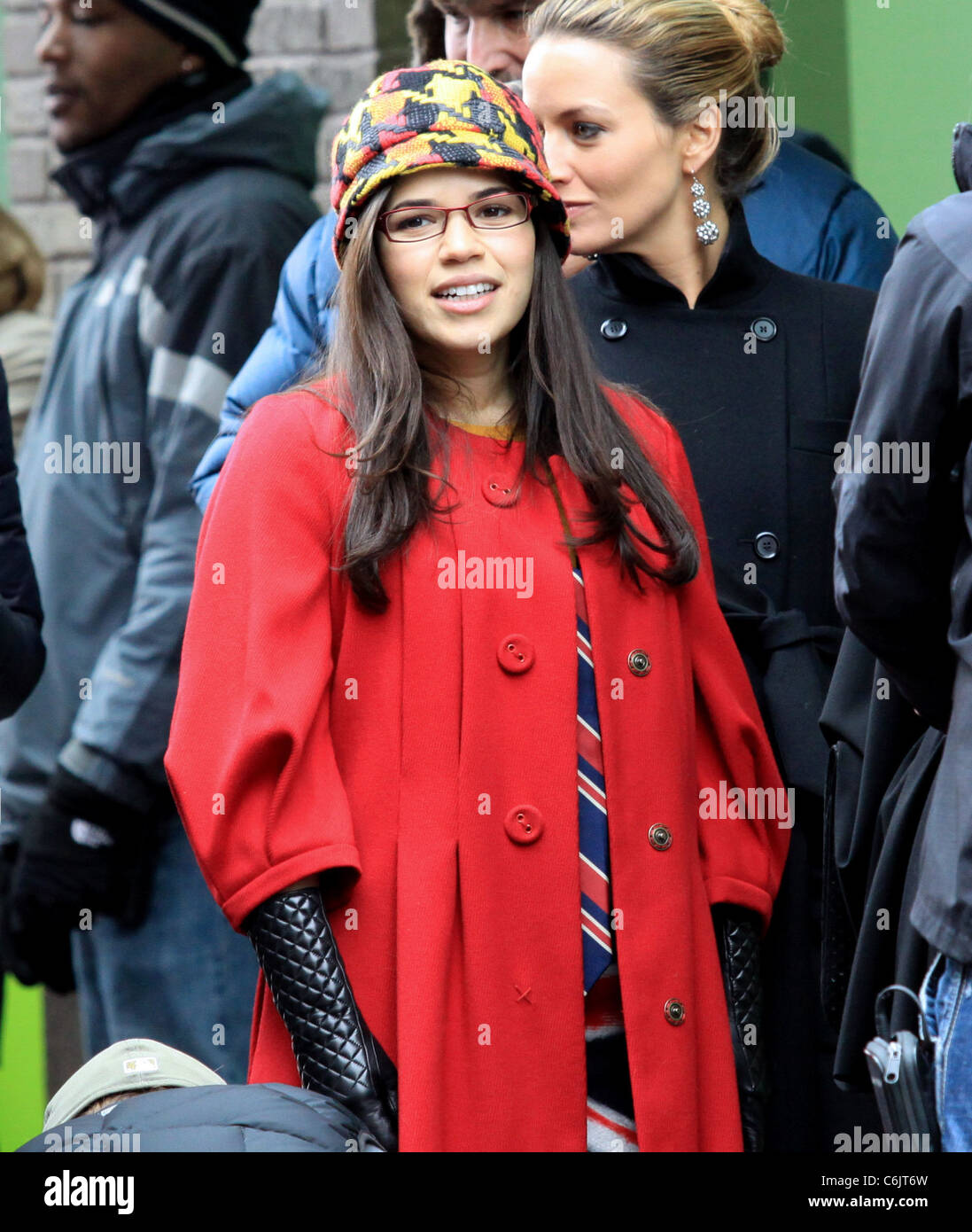 America Ferrera filming a scene for the TV show 'Ugly Betty' at the ...