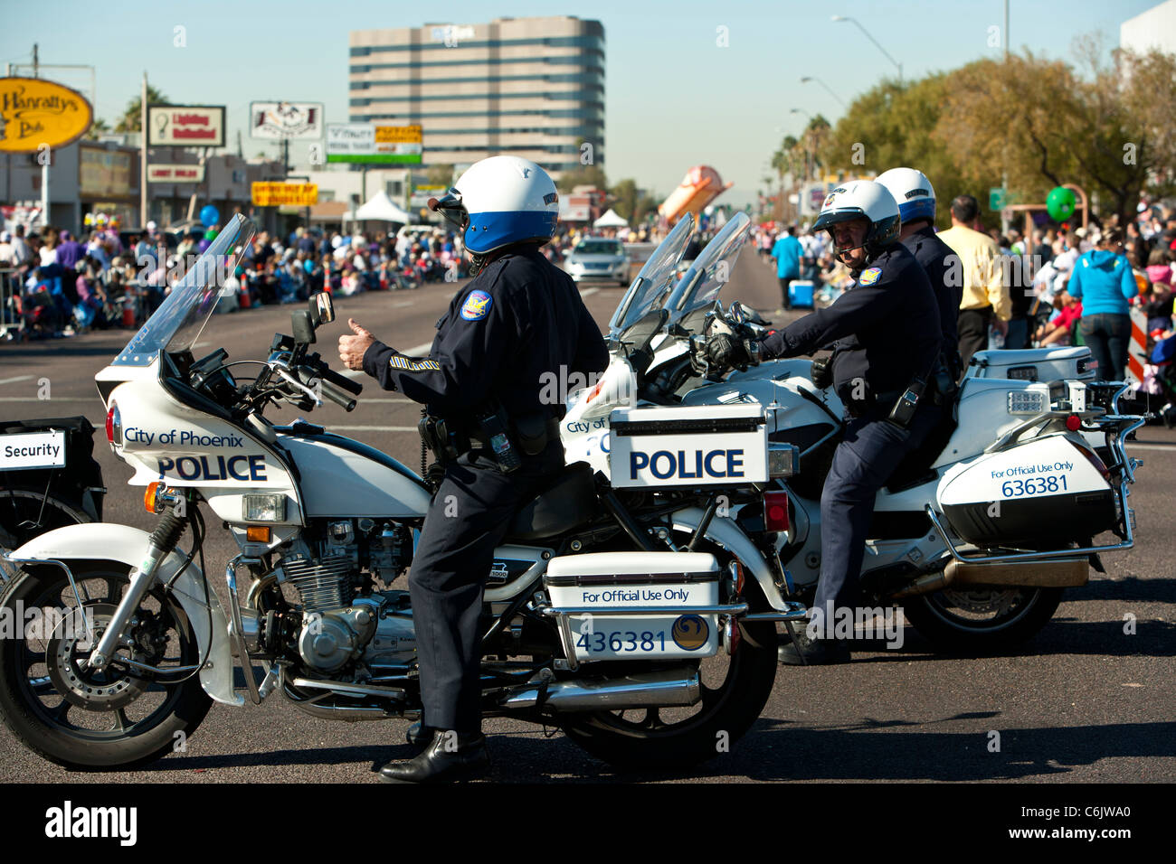 Police motorbikes at the Fiesta Bowl Parade, Phoenix, Arizona, USA ...