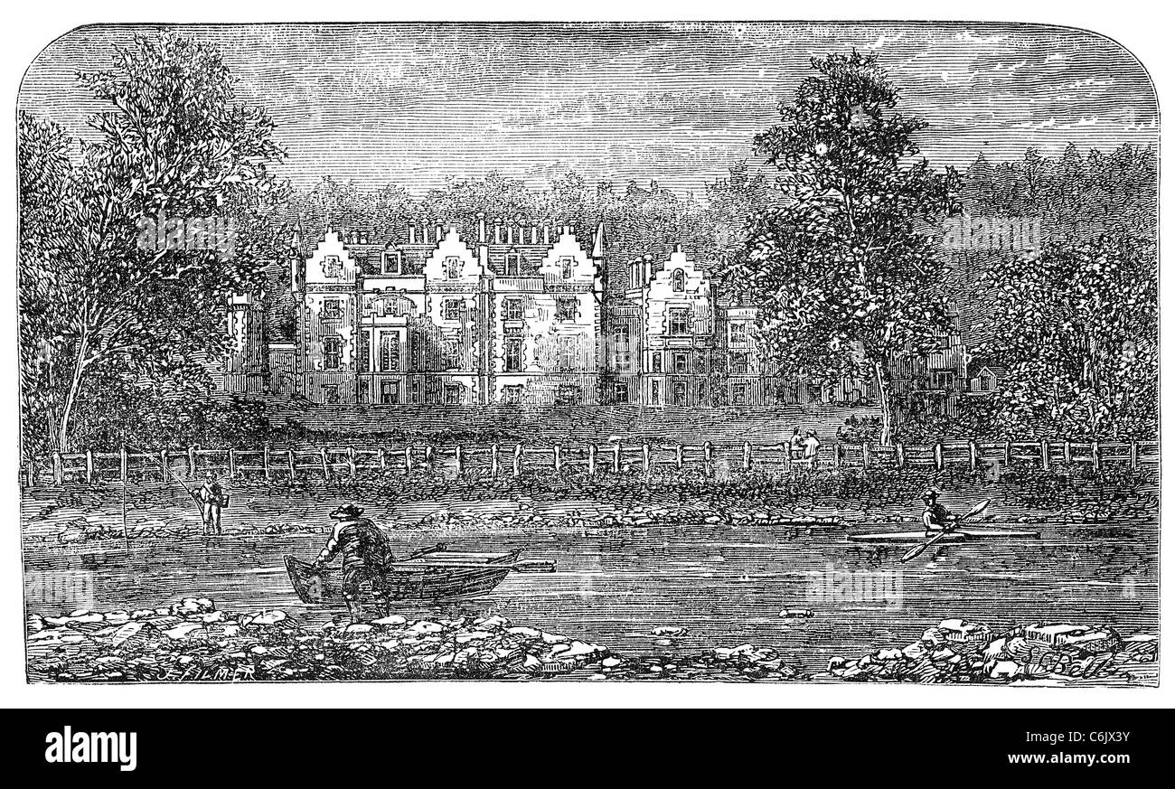 Abbotsford Castle, Scotland. Vintage illustration (engraving) of Sir ...