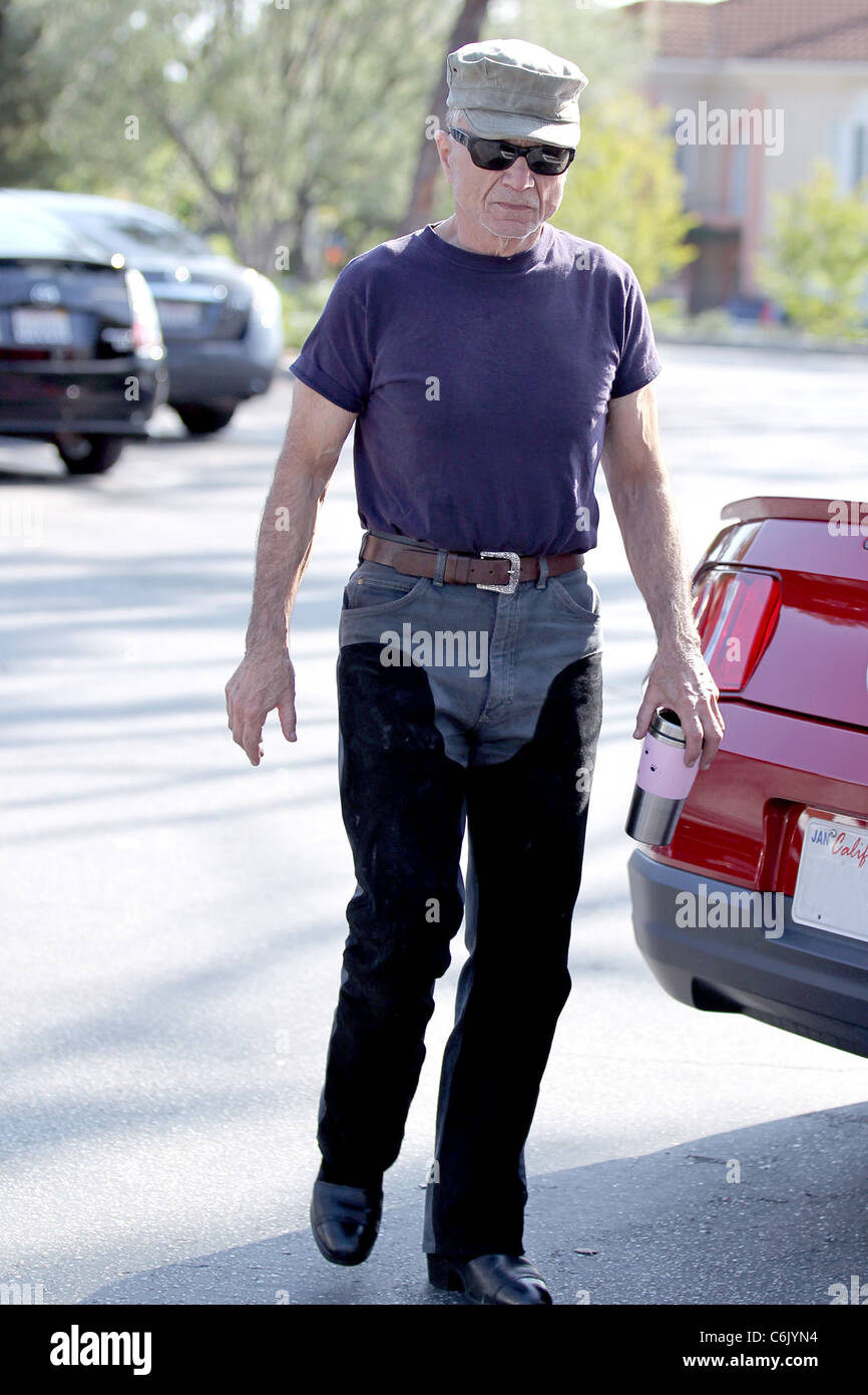 Robert Blake leaving Starbucks wearing black leather motorcycle-riding ...