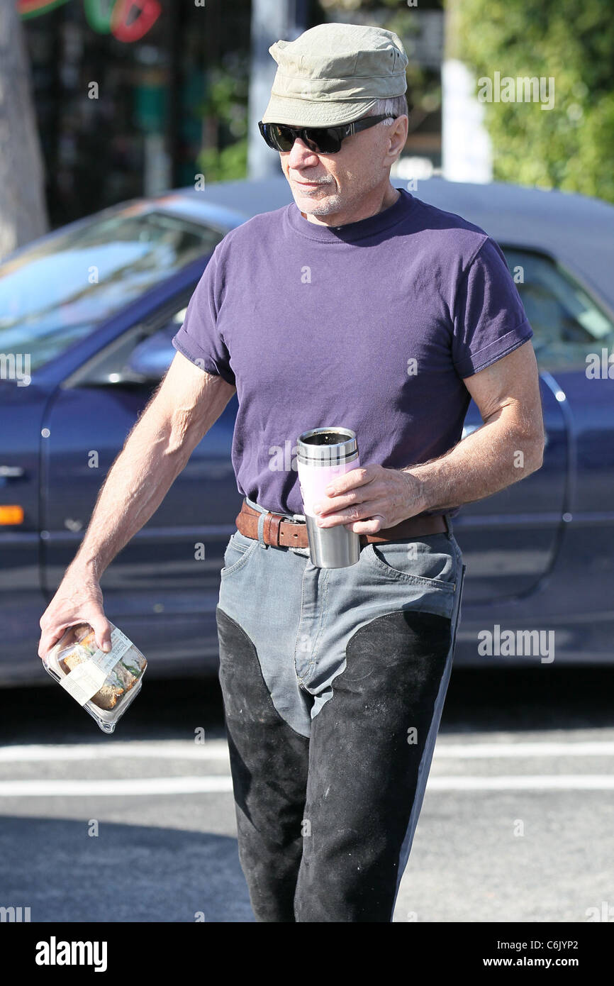 Robert Blake leaving Starbucks wearing black leather motorcycle-riding ...