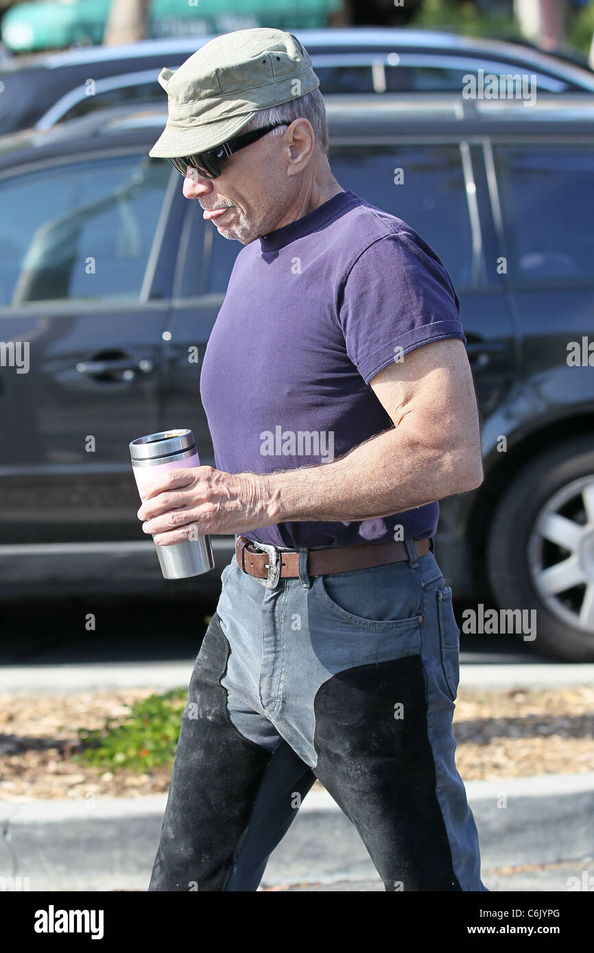 Robert Blake leaving Starbucks wearing black leather motorcycle-riding ...