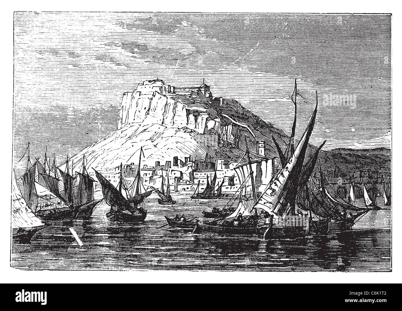 City of Alicante, Spain. Vintage scenic engraving of the city around ...