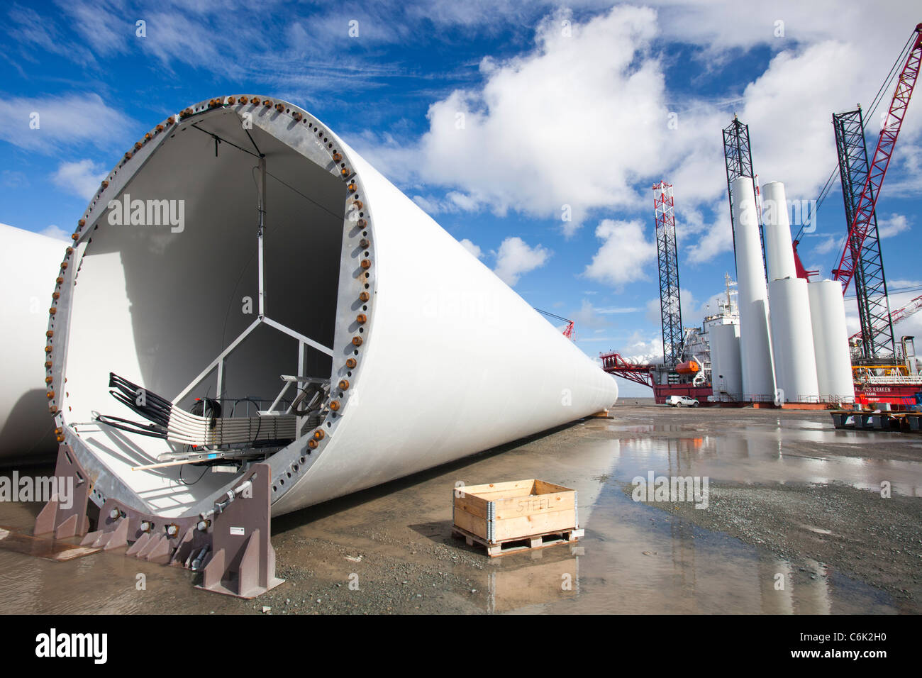 A jack up barge loading at Mostyn port with wind turbine parts Stock ...