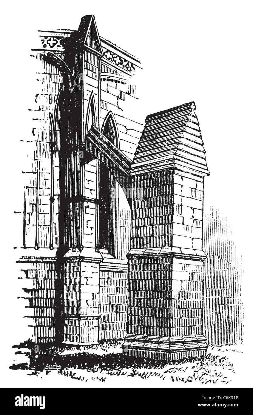 Buttress arch of Lincoln Cathedral chapter, England. Old engraving. Old ...