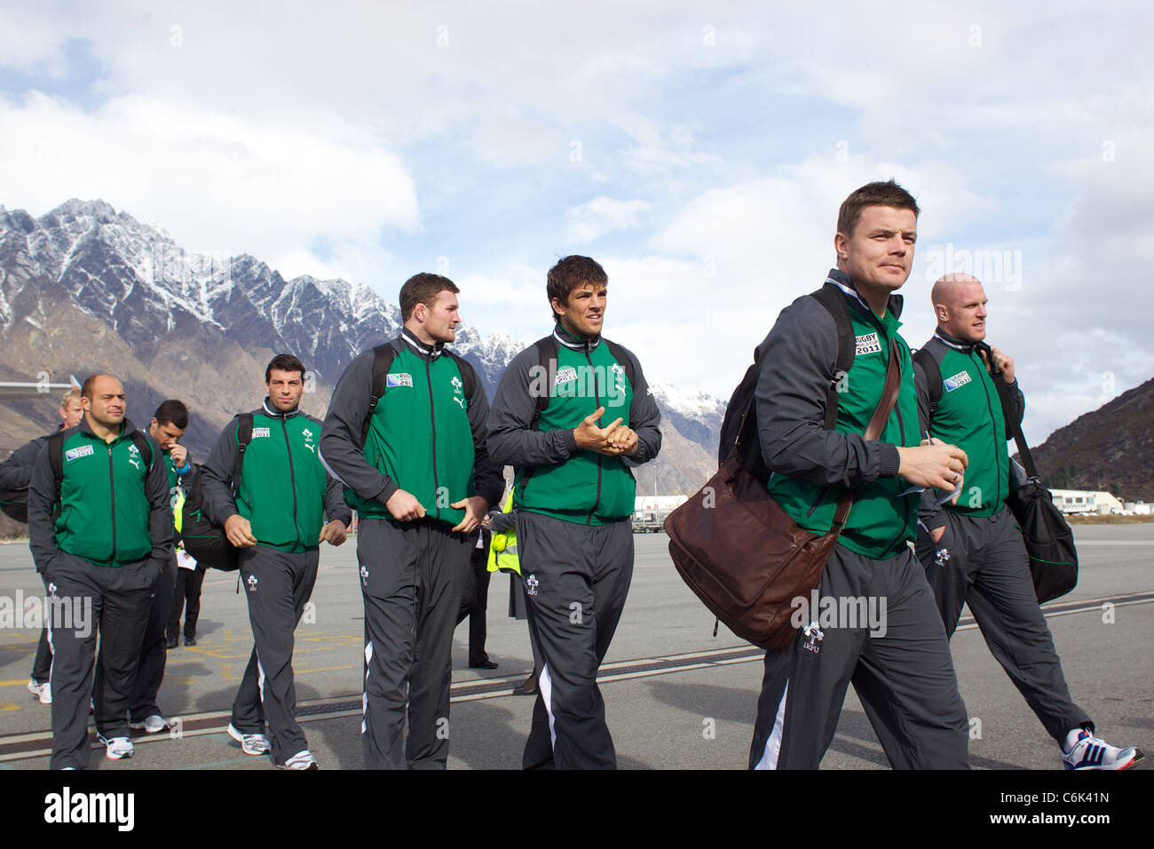 Brian O'Driscoll leads the Irish team off the plane as the Irish Rugby ...