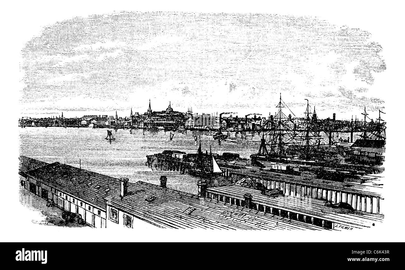 Boston, in Massachusetts, USA, during the 1890s, vintage engraving. Old ...