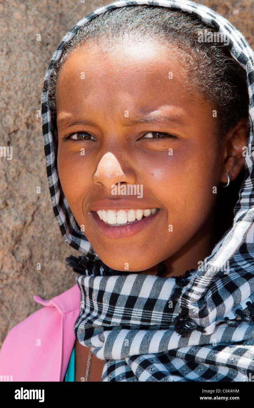 Portrait of an Harari student wearing traditional head-scarf in the ...