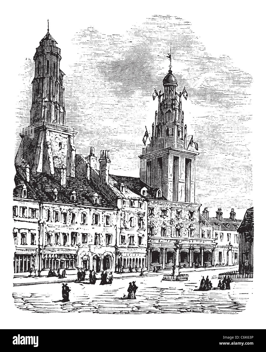 Calais city in France, city hall and lighthouse vintage engraving. Old ...