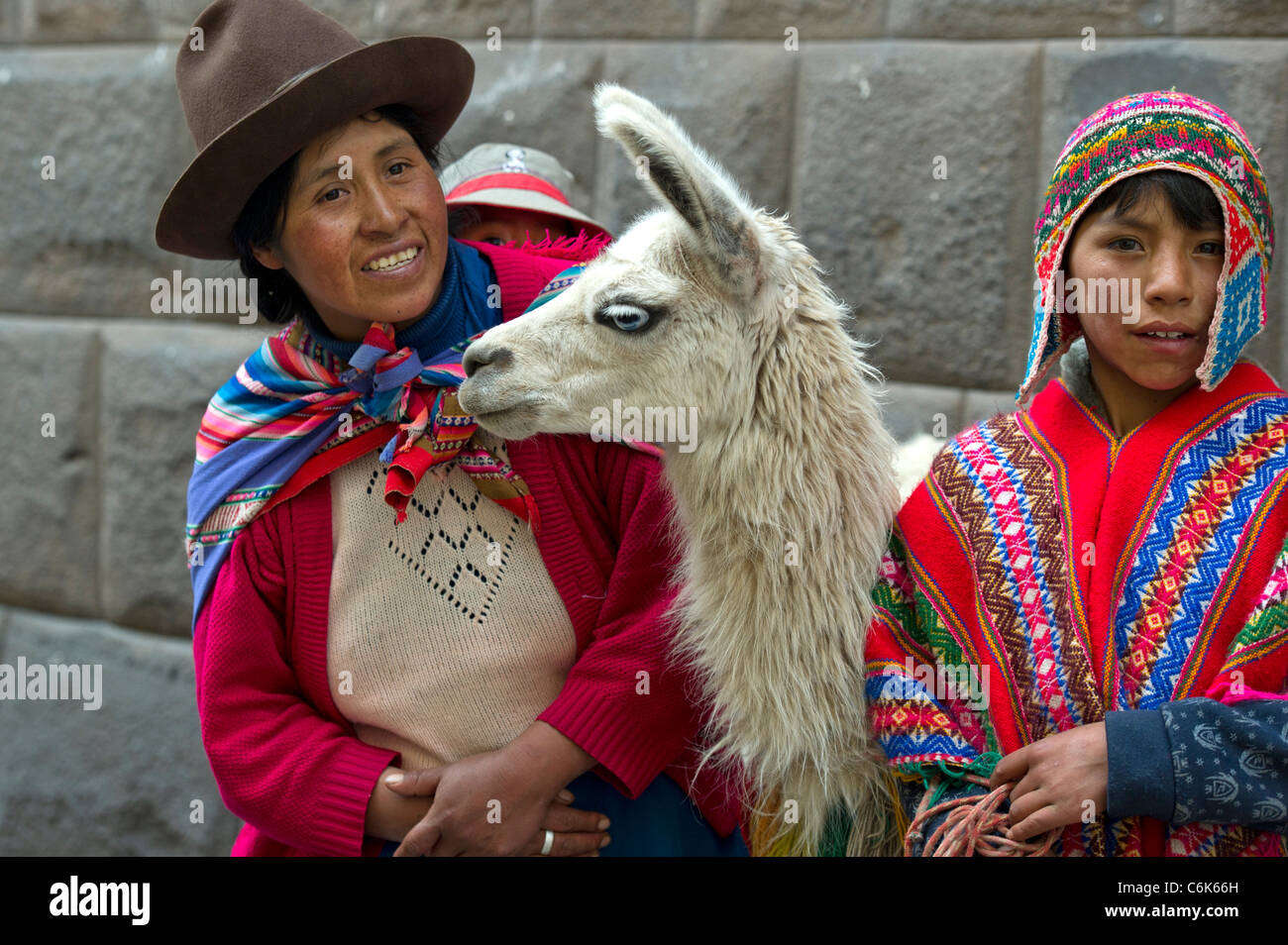 Woman and his son standing with a llama (Lama glama), Sacred Valley ...
