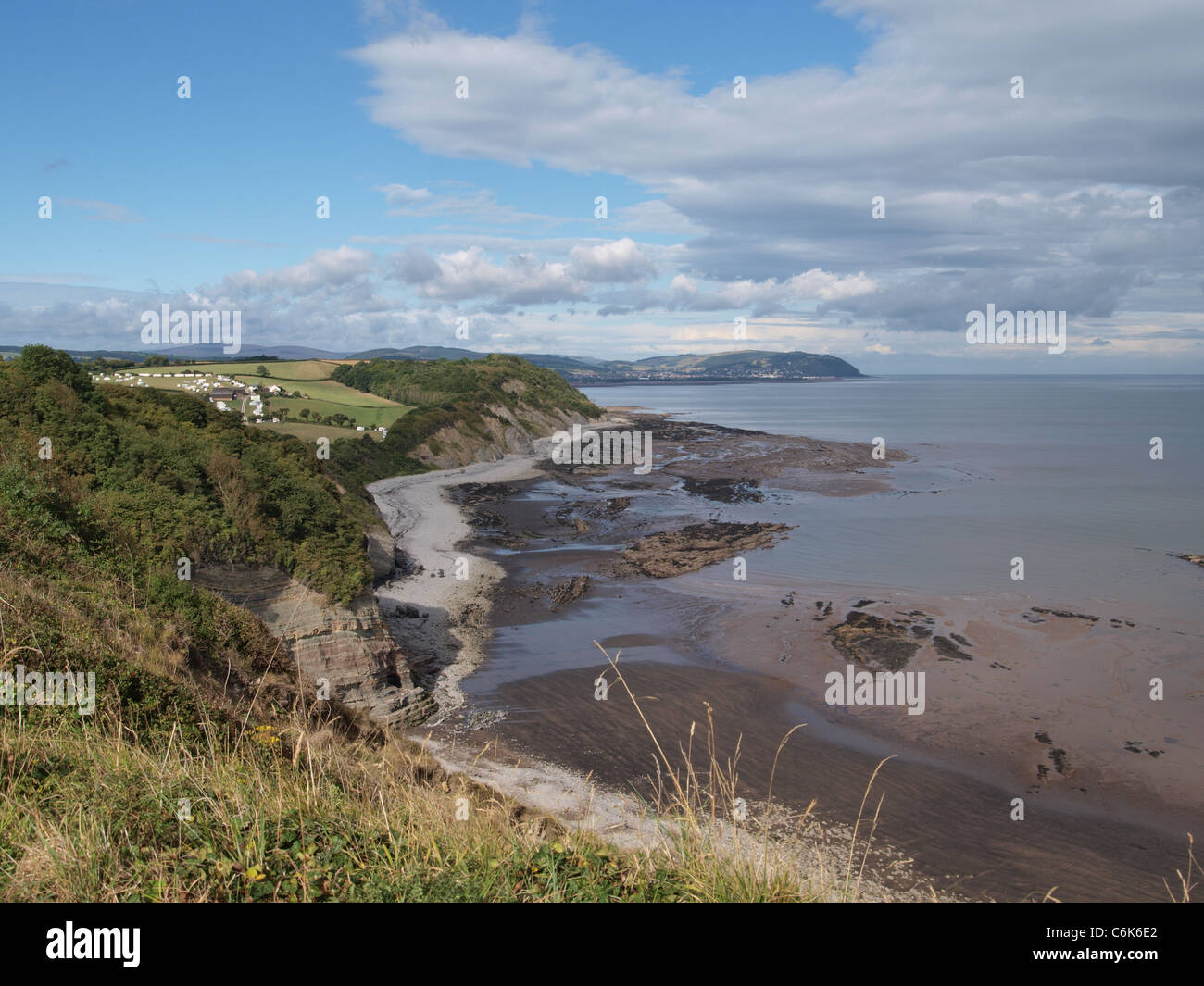 North Hill and Minehead from coastal path near Daw's Castle. Somerset ...