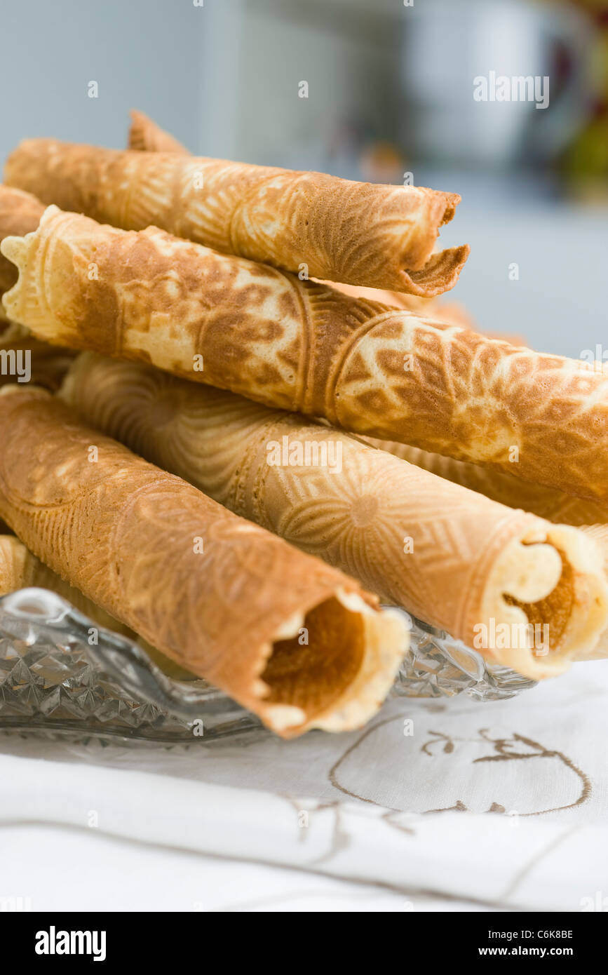 Curled pizzelle waffle cookies Stock Photo - Alamy