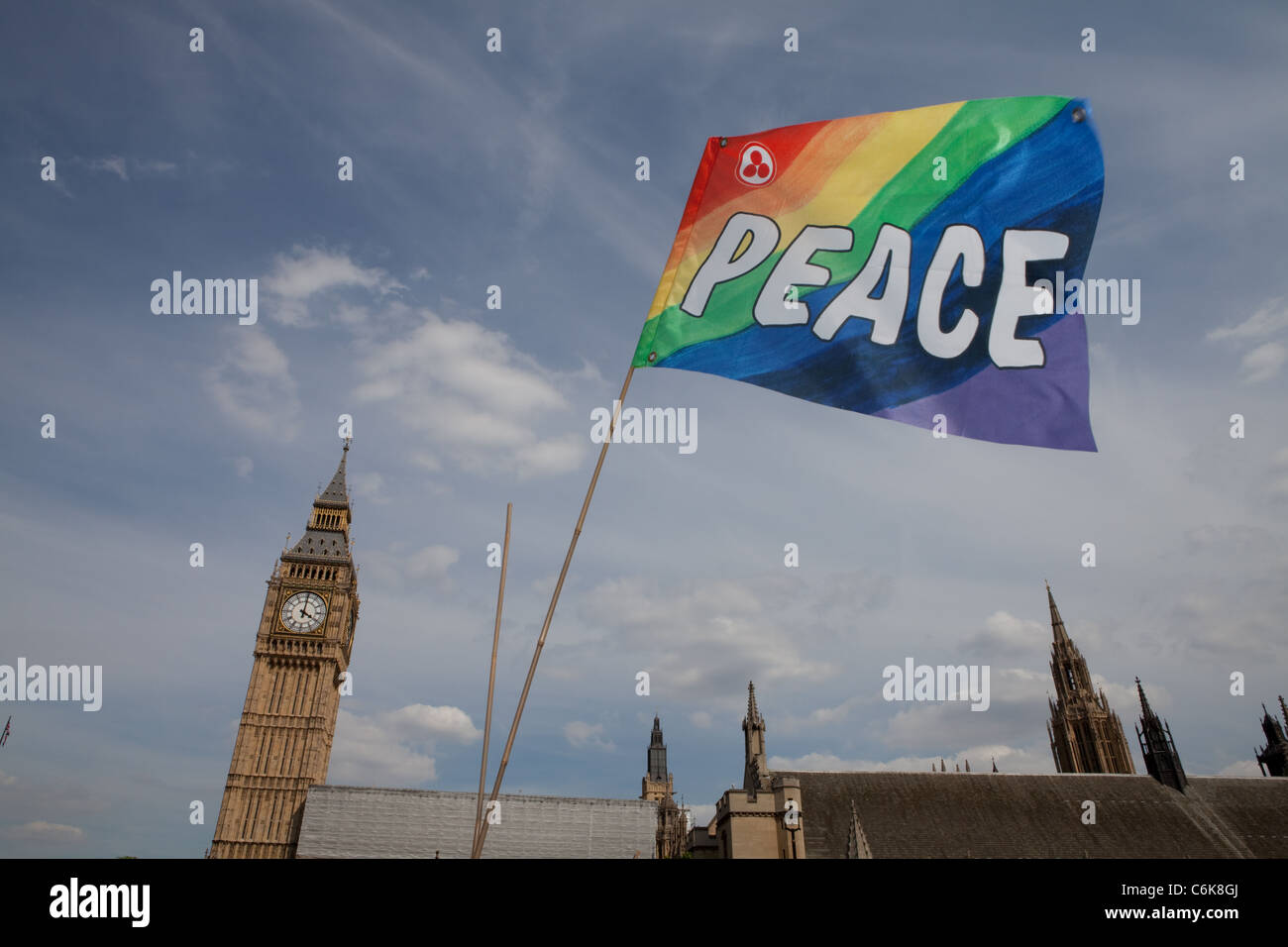 A peace flag at Democracy village seen in front of Big Ben Stock Photo ...