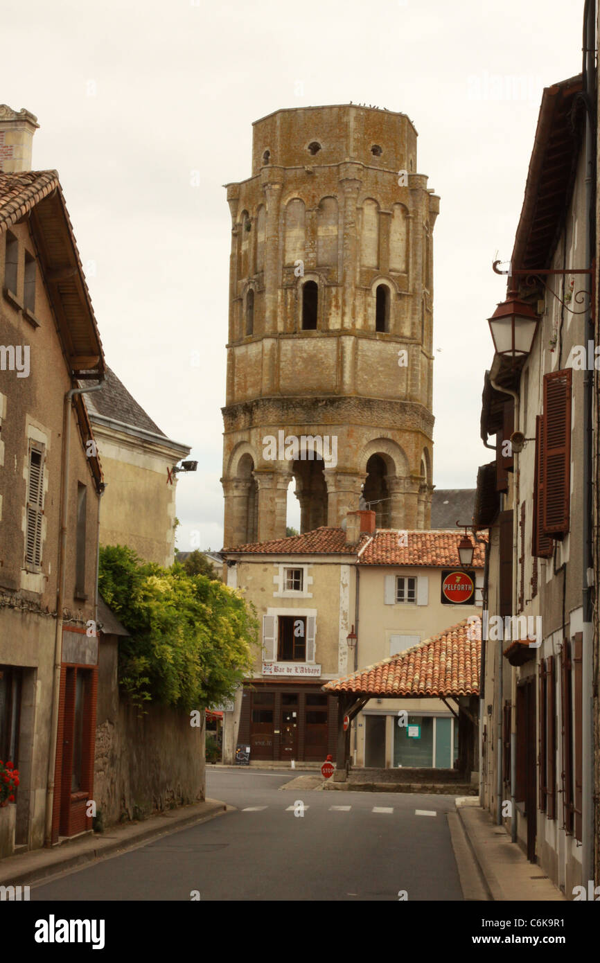 The Benedictine abbey L'abbaye Saint-Sauveur Charroux Charlemagne tower ...