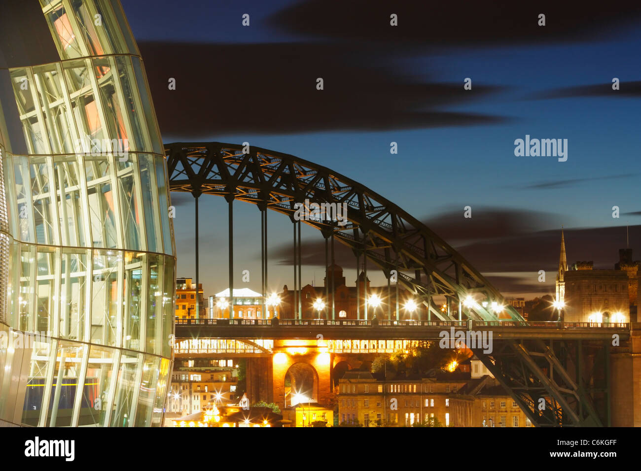 The Sage Gateshead concert hall and Newcastle Tyne Bridge at dusk ...
