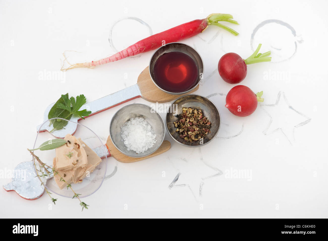 Foie gras with radishes, ingredients Stock Photo - Alamy