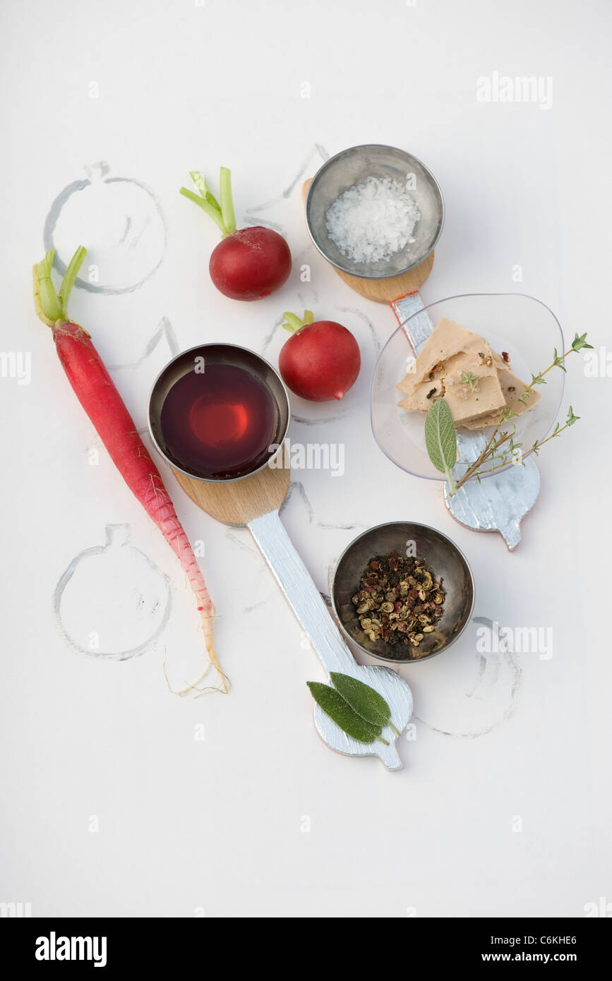 Foie gras with radishes, ingredients Stock Photo - Alamy