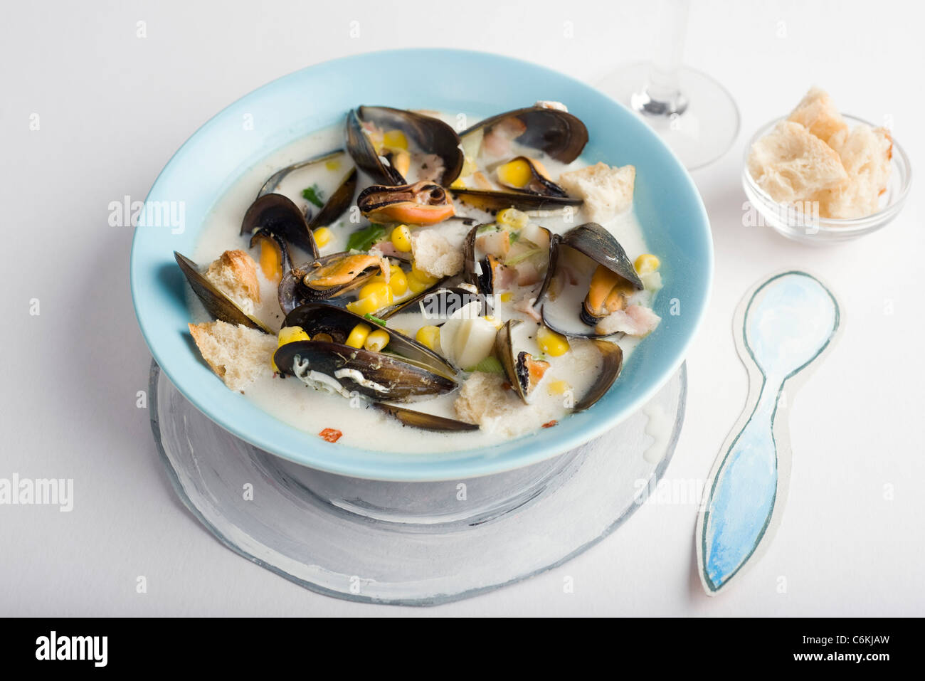 Sweetcorn and mussel chowder Stock Photo - Alamy