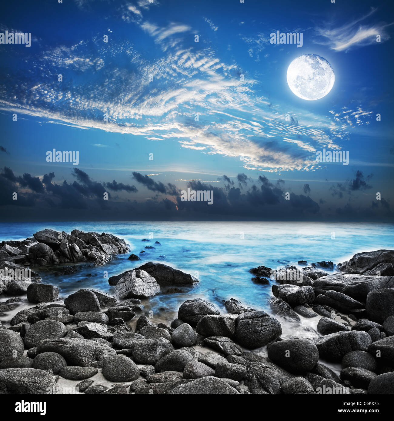 Full moon over the tropical bay. Long exposure shot Stock Photo - Alamy