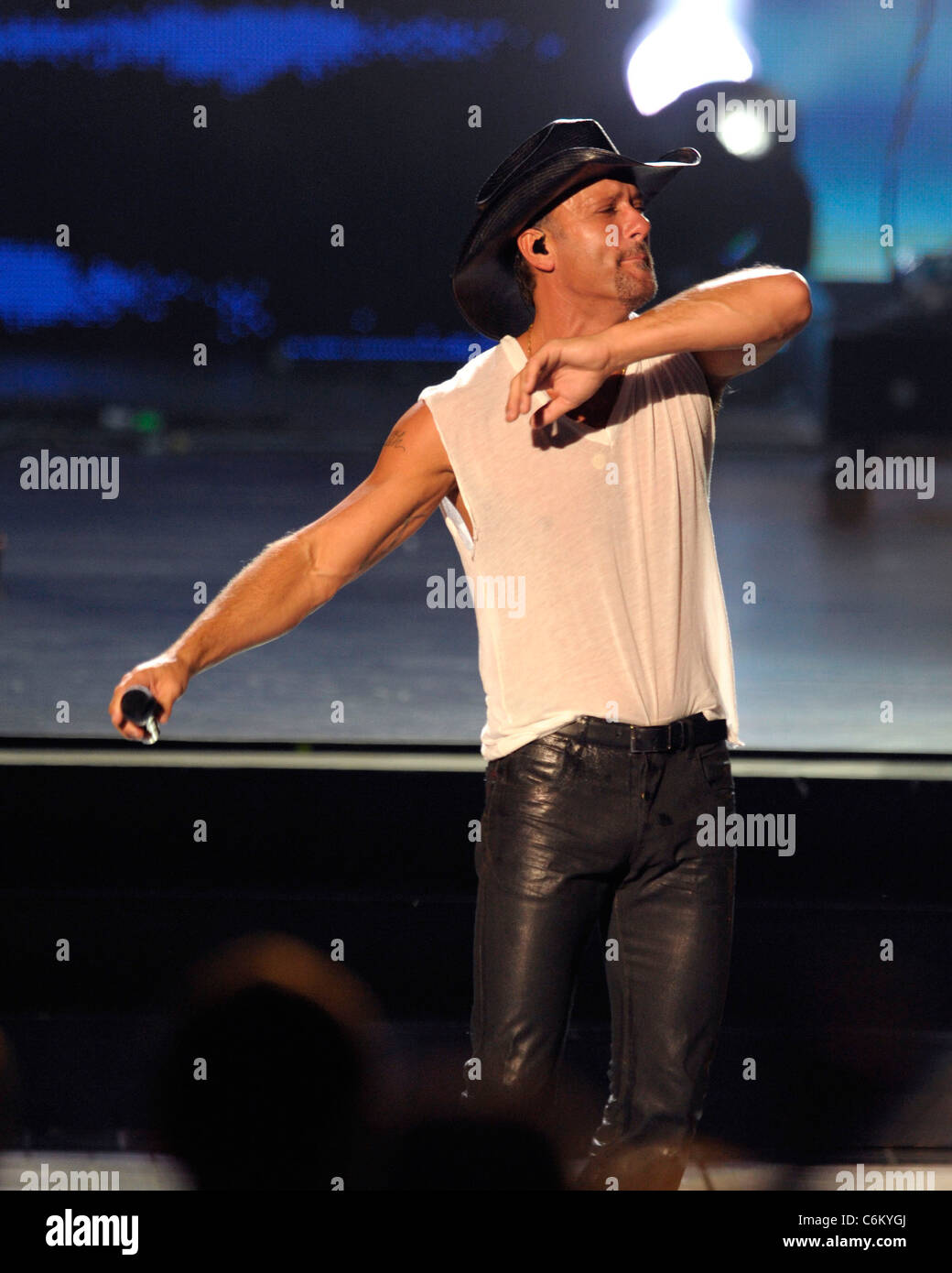 Tim McGraw performing on stage during his 'Southern Voice Tour' at the ...