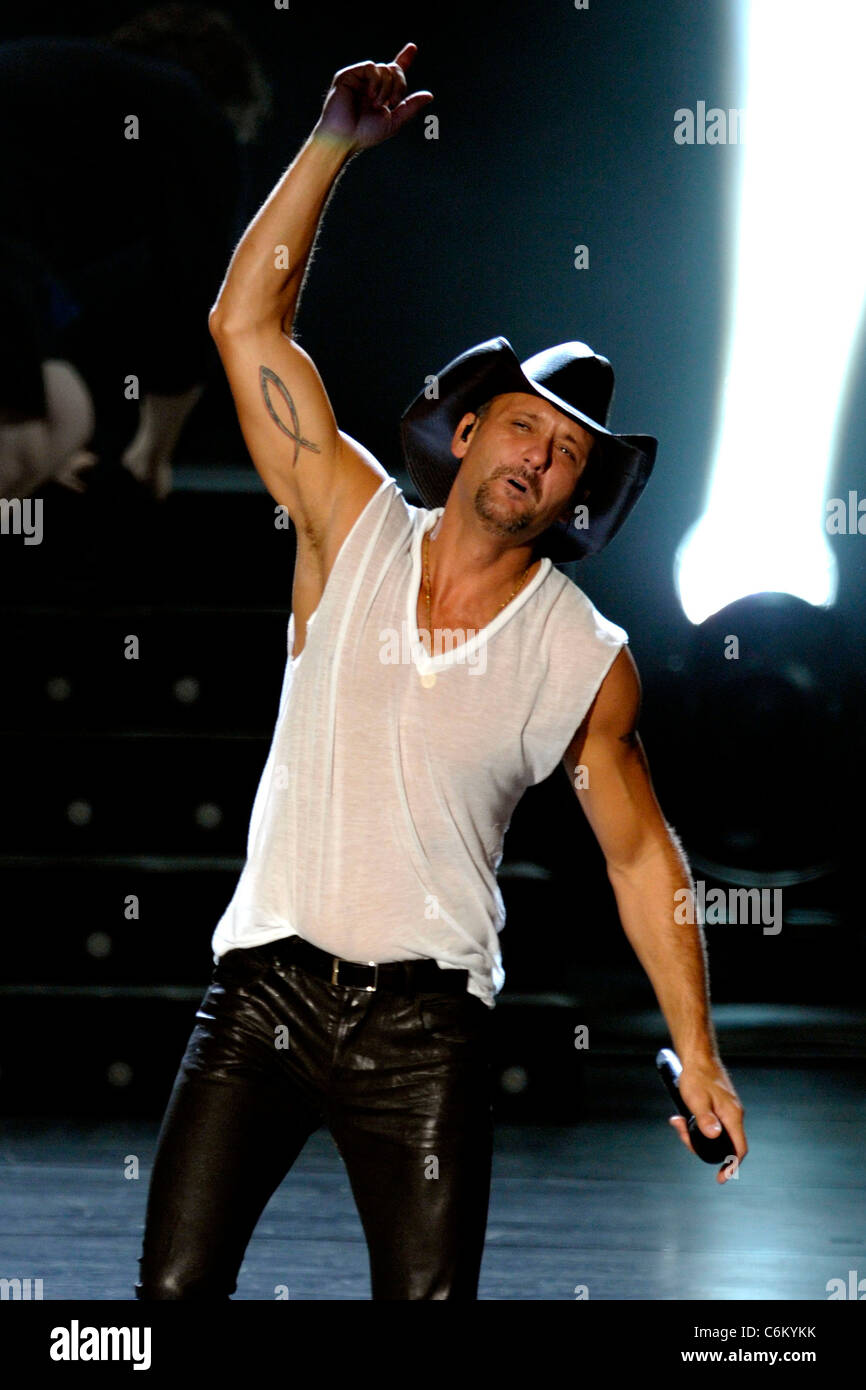 Tim McGraw performing on stage during his 'Southern Voice Tour' at the ...