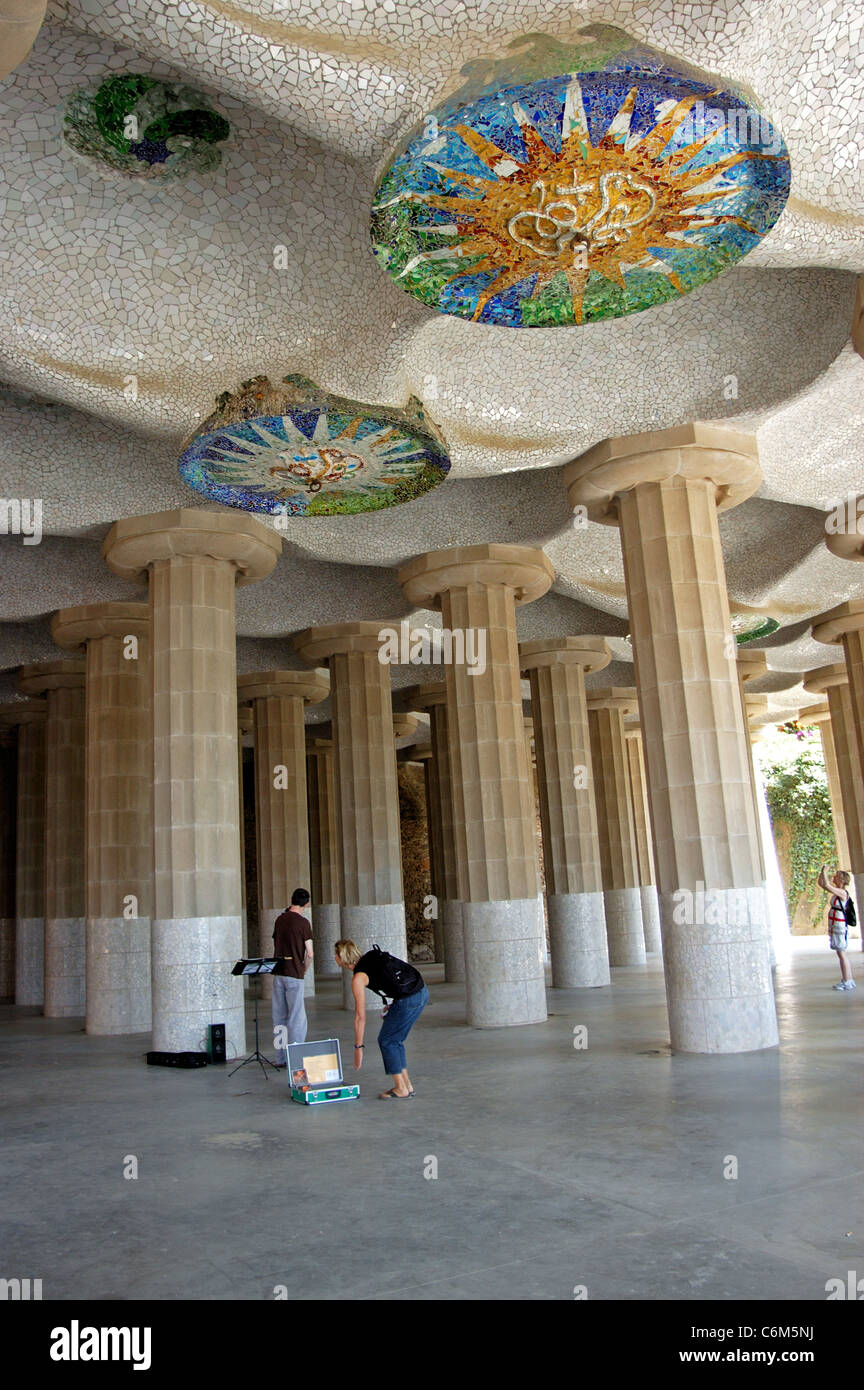 Ceiling of room of a hundred columns, Park Guell, Barcelona, Catalonia ...