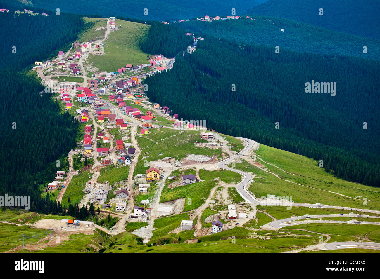 Aerial view of Ranca town and resort in Parang mountains, Romania Stock ...