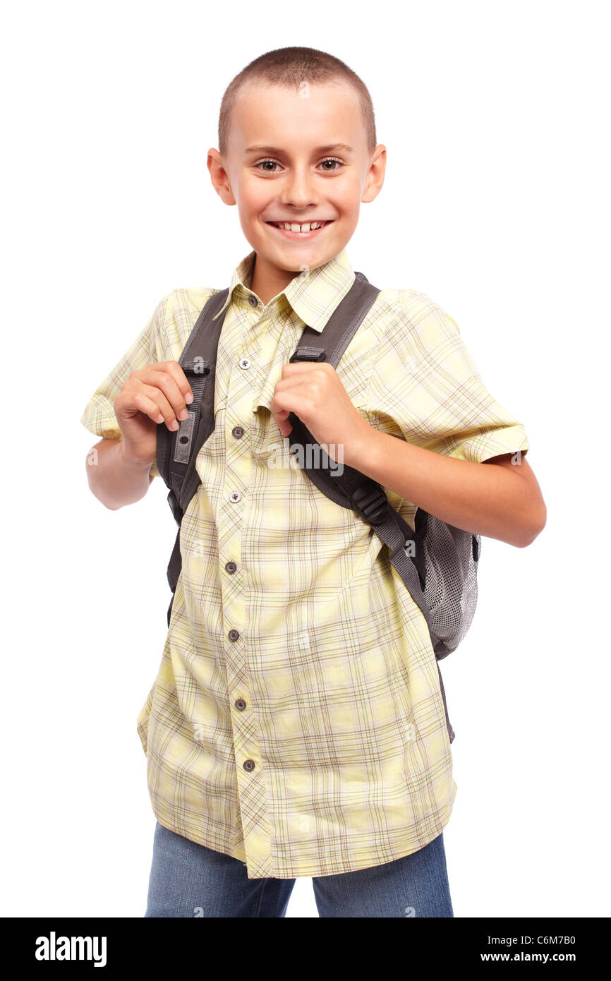 Portrait of a school child with backpack isolated on white background ...