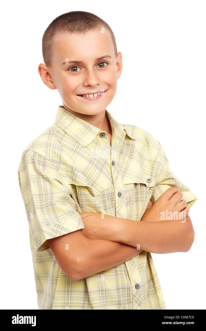 Closeup portrait of a caucasian child isolated on white background ...