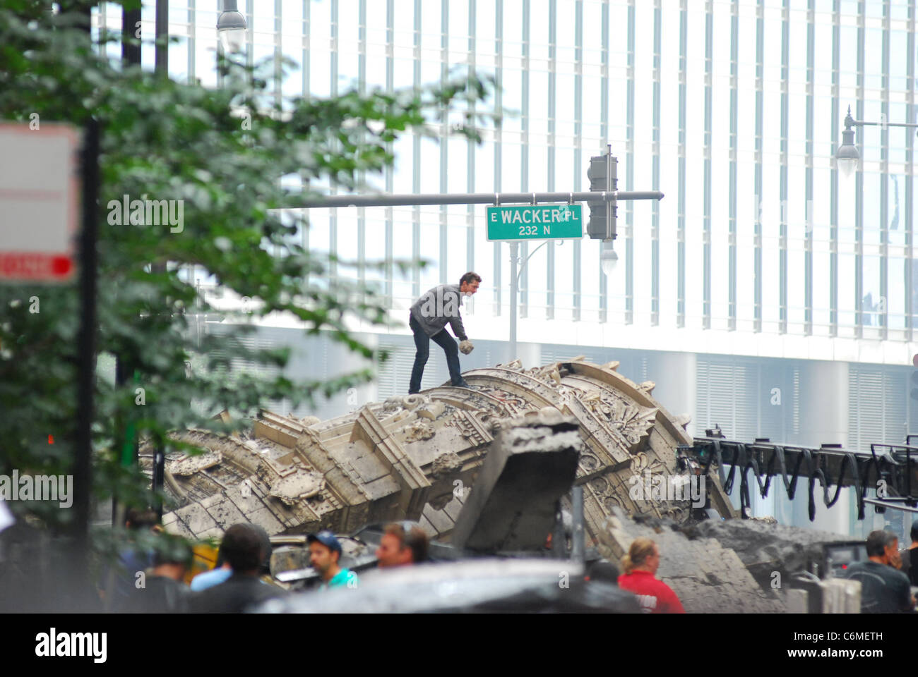 Shia LeBeouf filming a scene in downtown Chicago on the set of ...