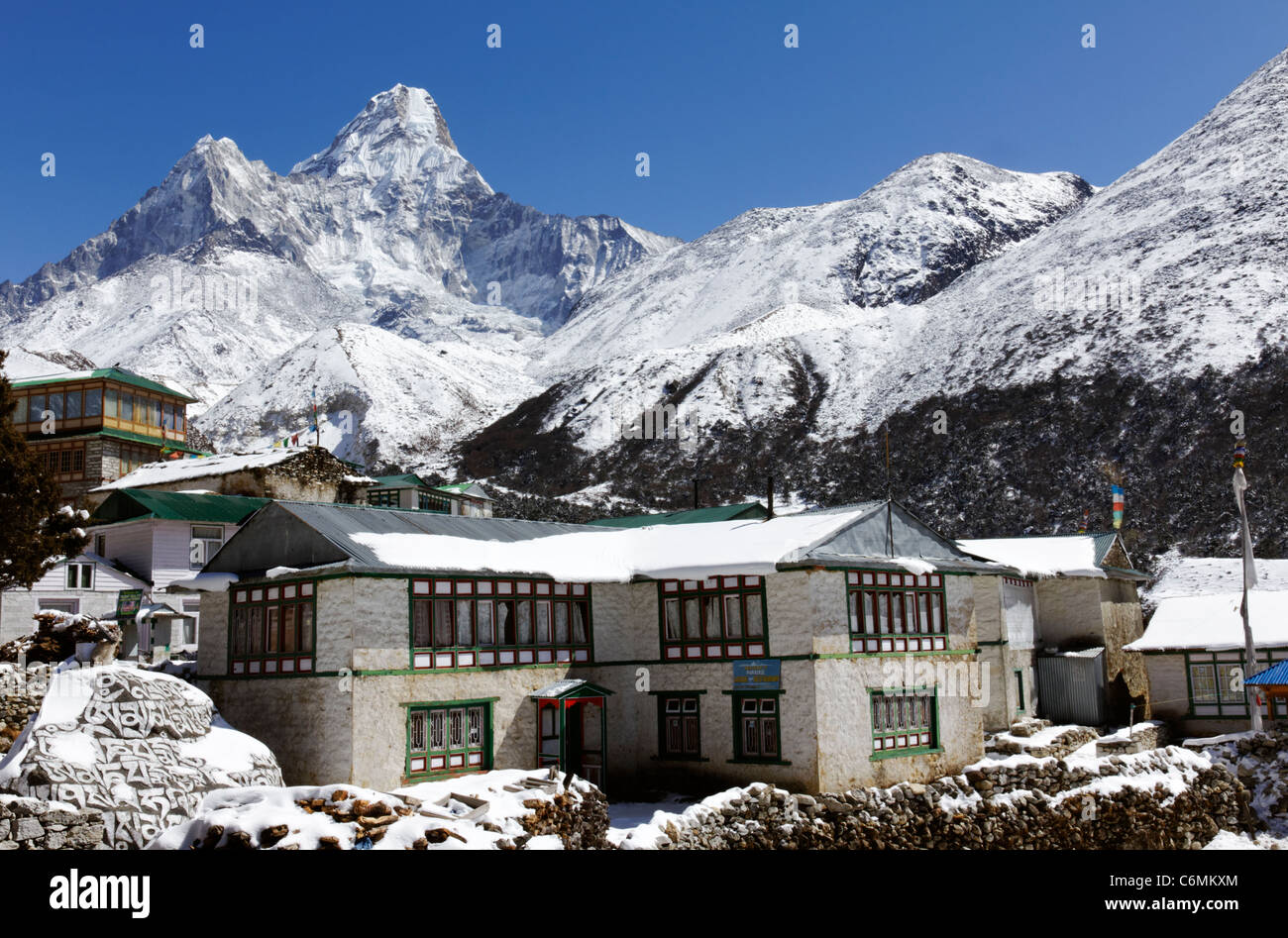 Pangboche village with Ama Dablam mountain behind it, Everest Region ...