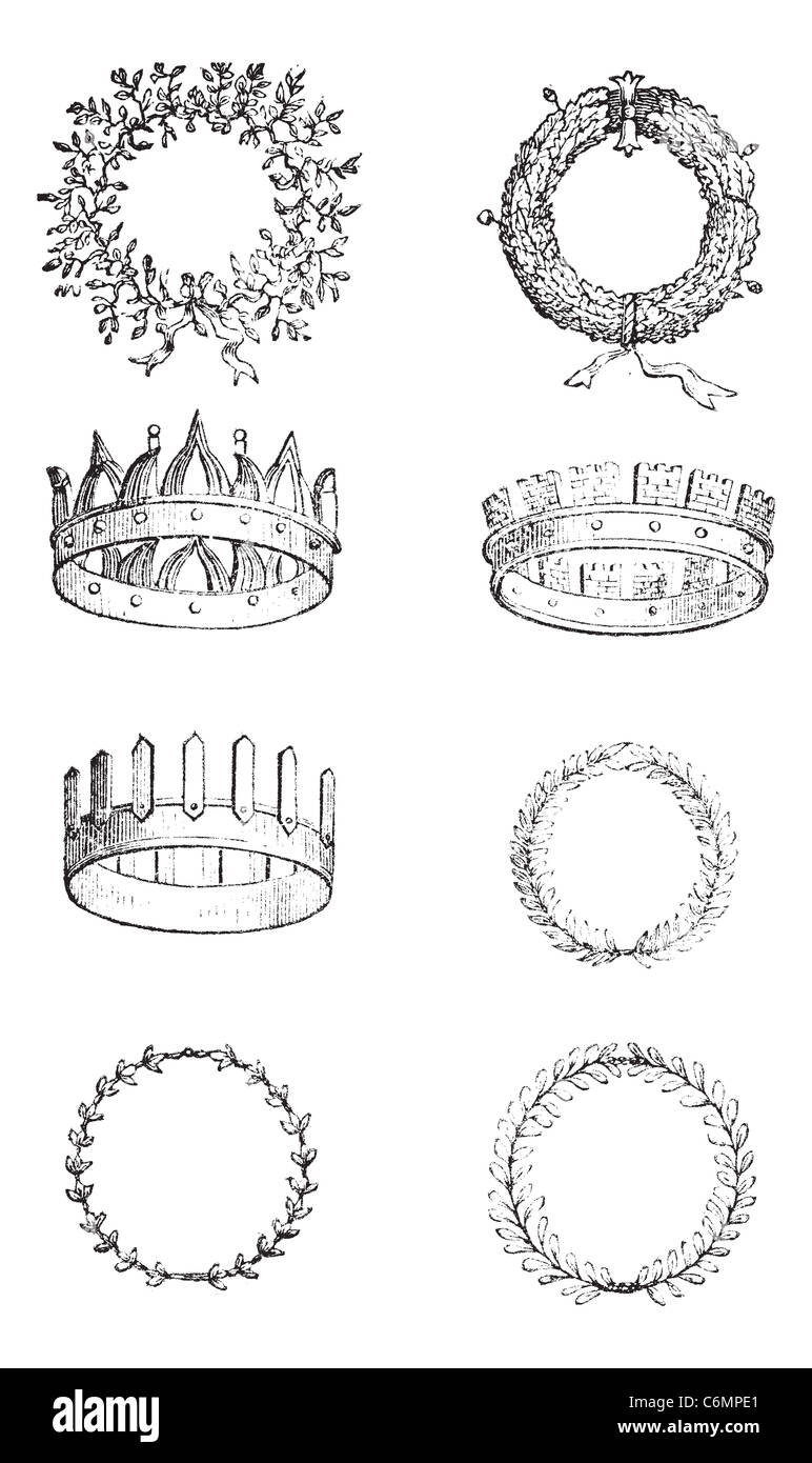 Roman Crowns, vintage engraving. Old engraved illustration of different ...
