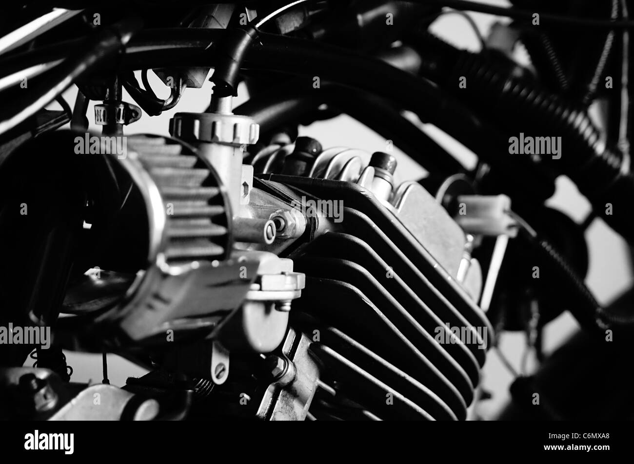 Close up black and white image of motorcycle engine Stock Photo - Alamy