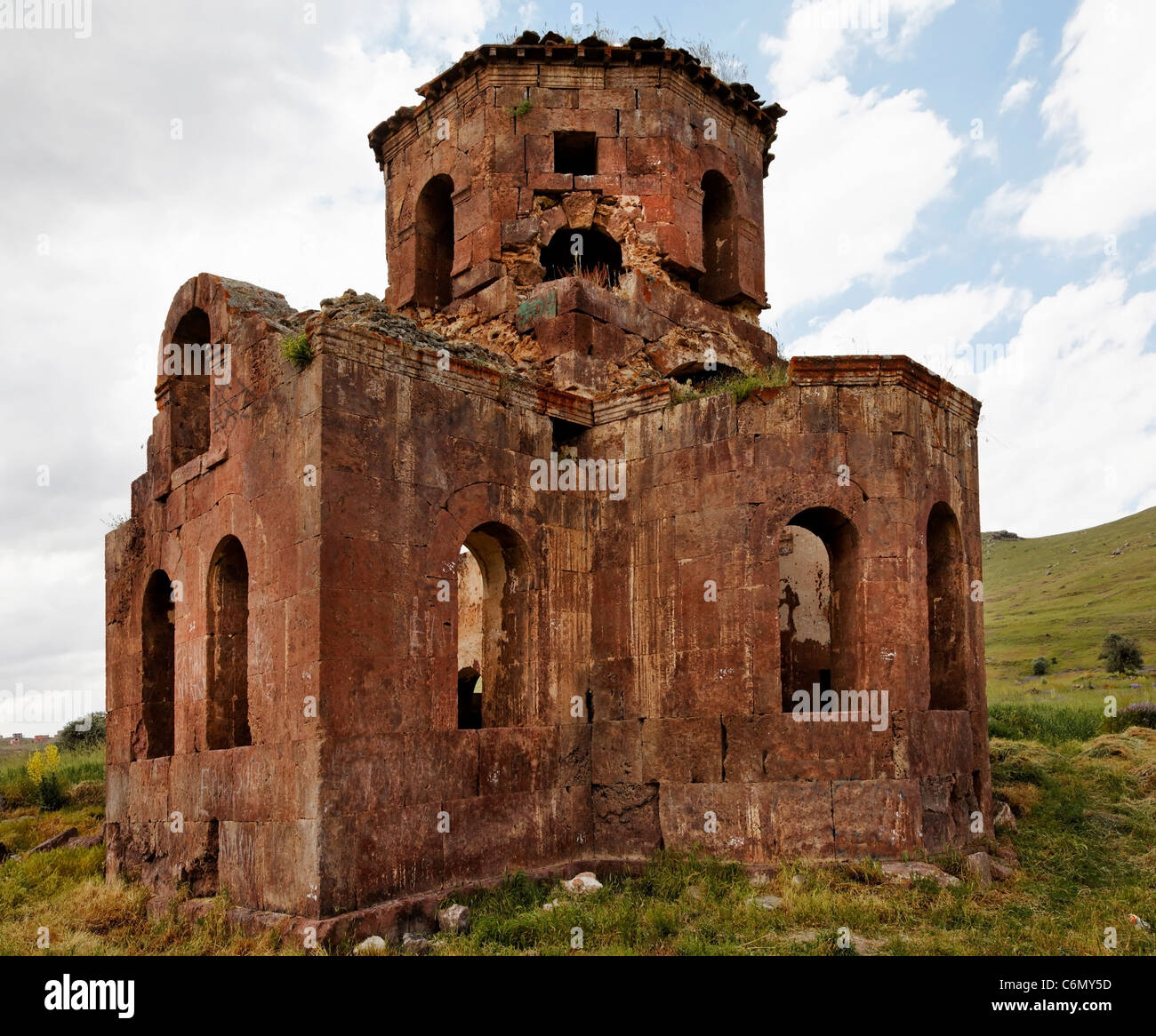Landscape of Kizil Kilsie with rolling hills, Red Church ruins of ...