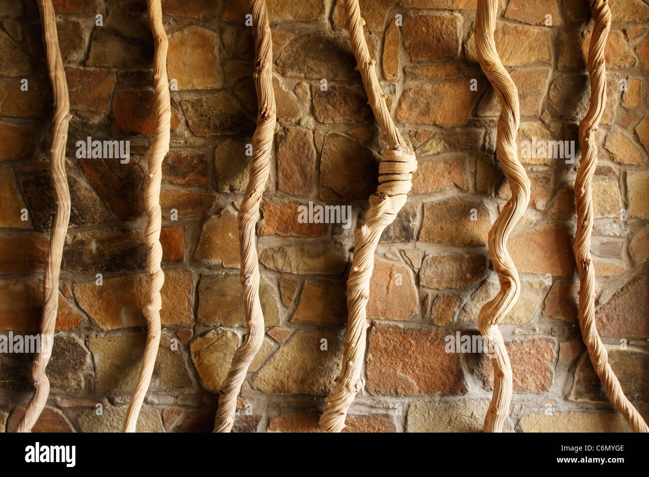 Twisted ropes hanging against a stone wall Stock Photo - Alamy