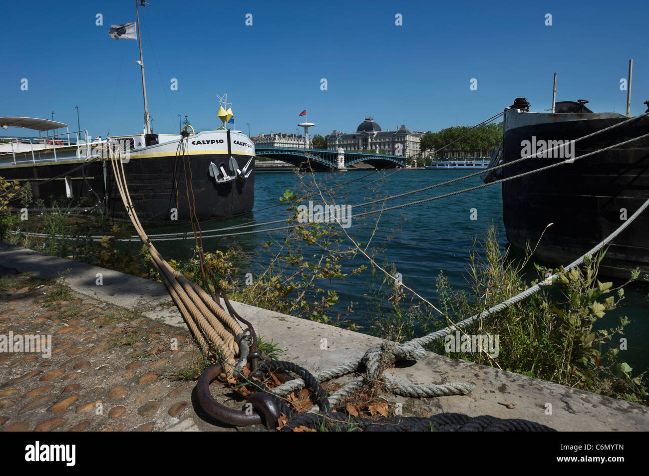 Lyon, France, boats at anchor on the river Rhone Stock Photo - Alamy
