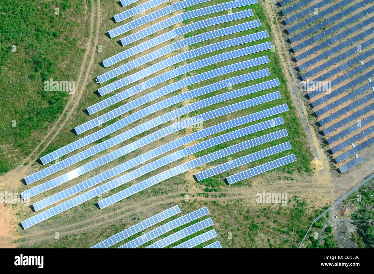 Aerial view of solar photovoltaic park, Saint Nikolaus Leidigen ...