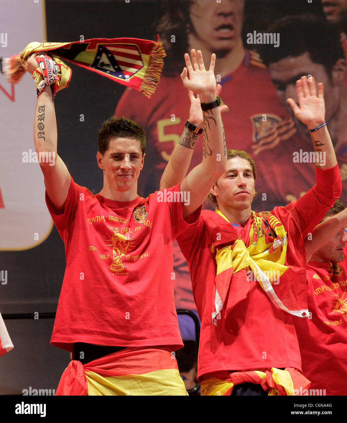 Spain's Fernando Torres and Sergio Ramos of the Spanish team as they ...
